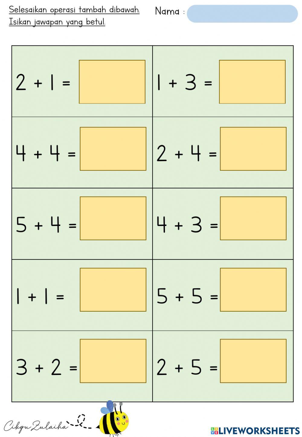Matematik awal operasi tambah worksheet | Live Worksheets