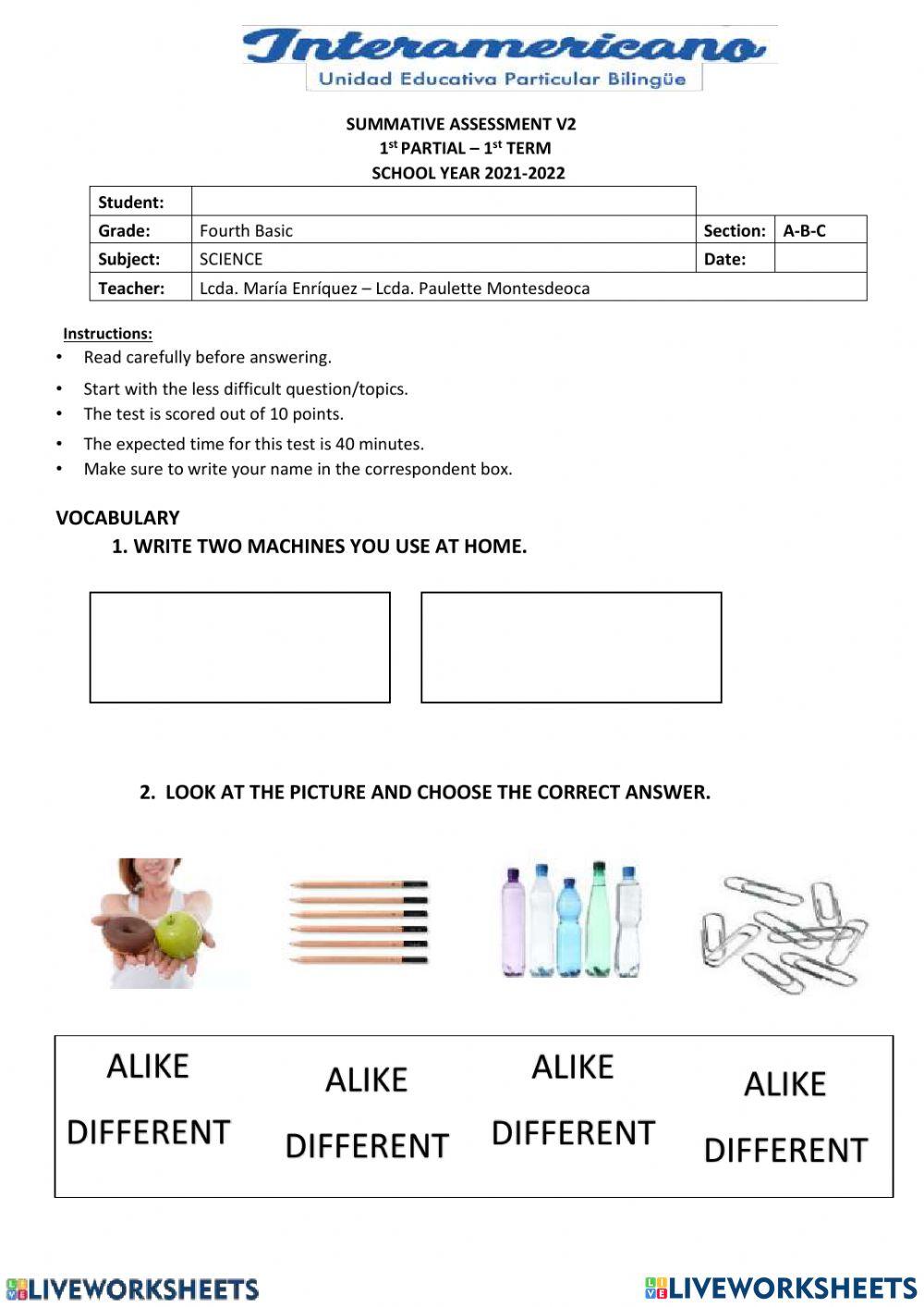 AssesSment Science 1P1Q 4EGB worksheet | Live Worksheets
