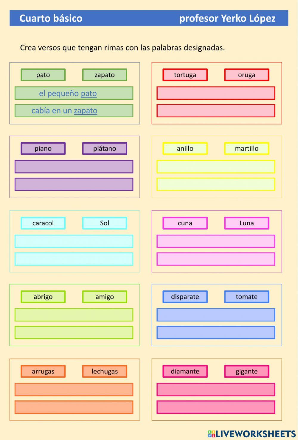 Rimas versos interactive worksheet | Live Worksheets