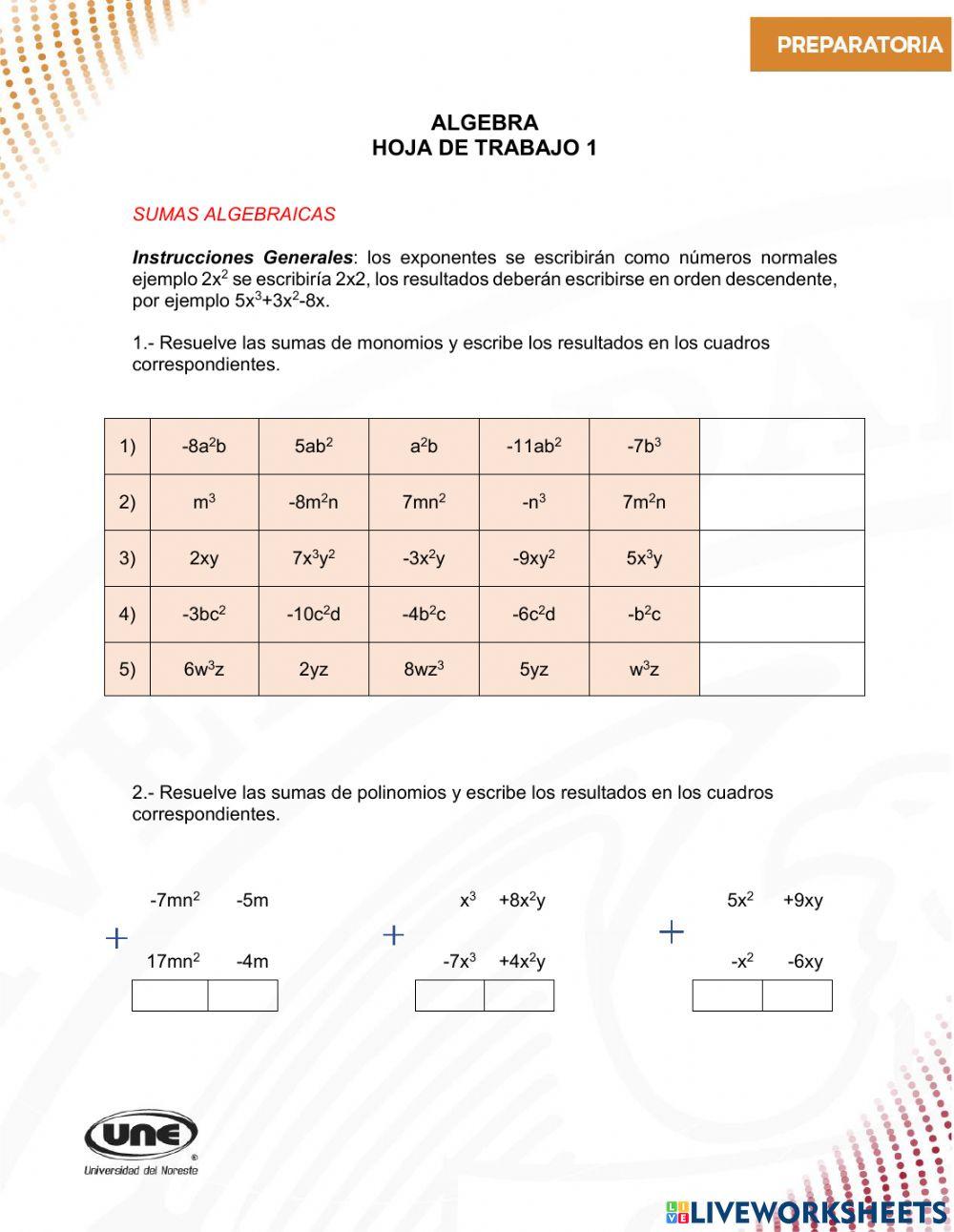 Sumas Algebraicas worksheet | Live Worksheets