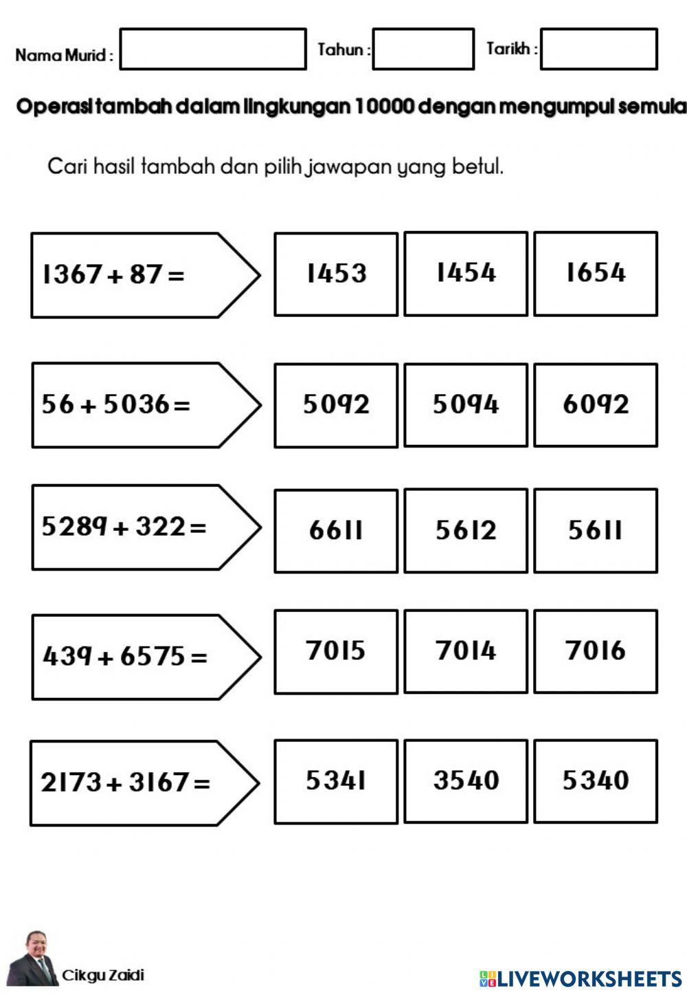 Operasi Tambah activity for Tahap 1 | Live Worksheets