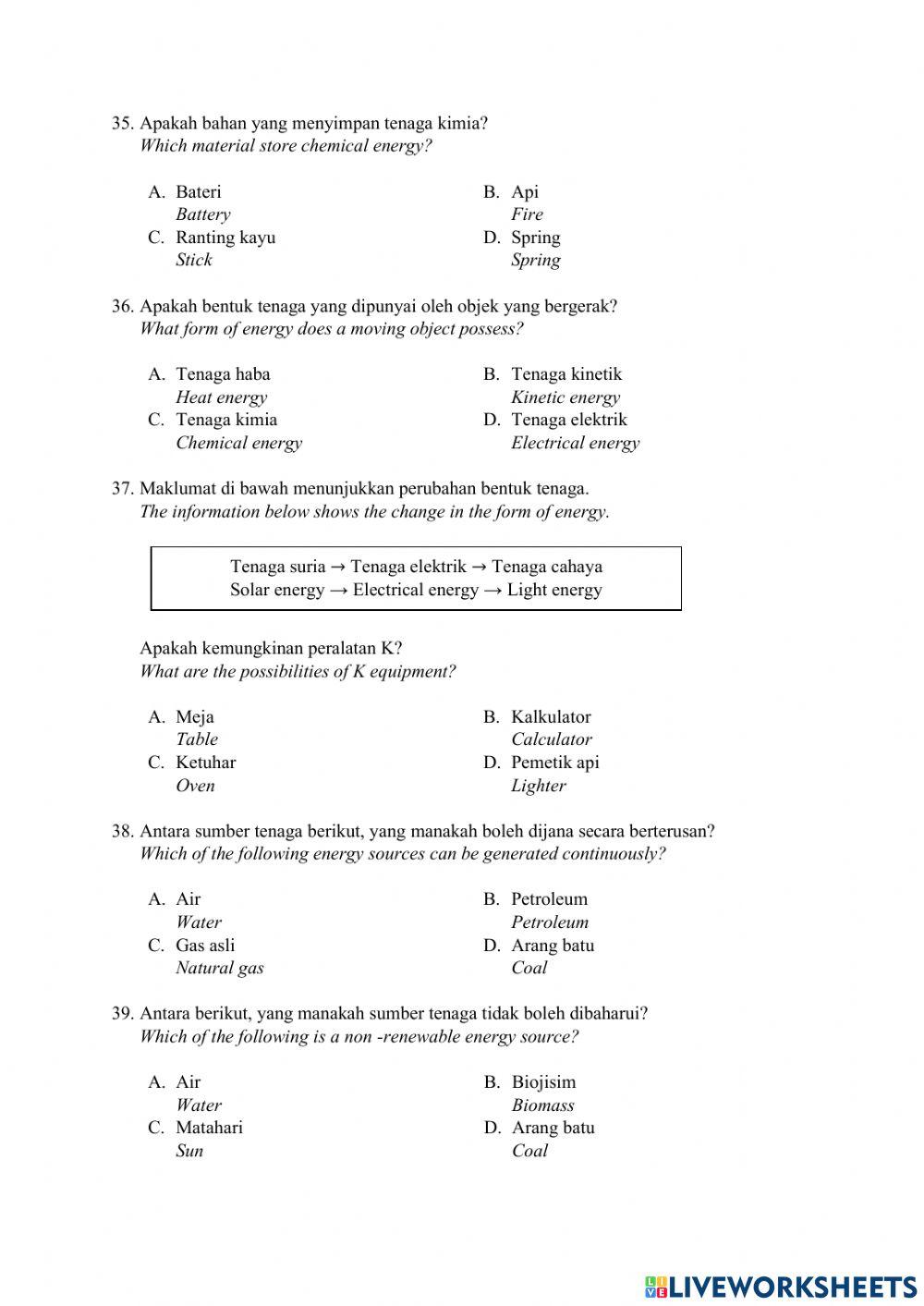 Kertas Peperiksaan Sains DPIP Tahun 4 Kertas 1 Part 2 online exercise for | Live Worksheets
