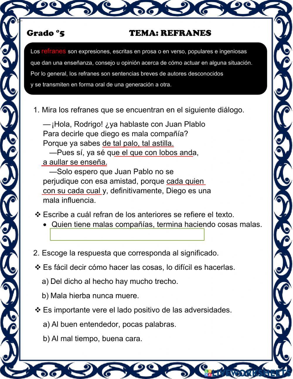 Refranes interactive activity for Grado 5 | Live Worksheets