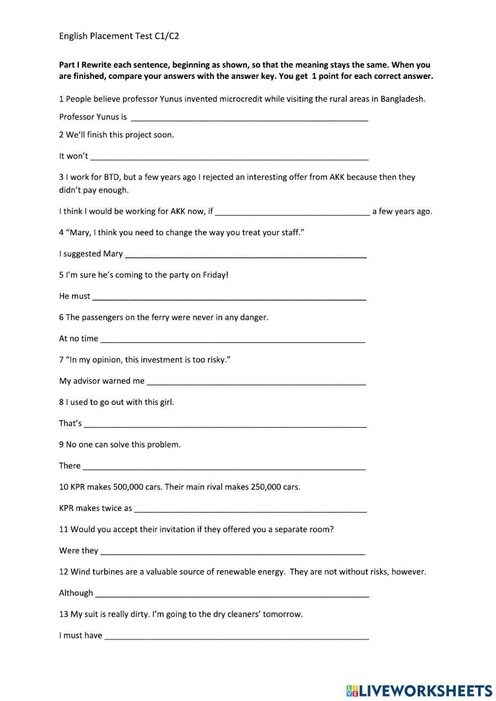 CAE - CPE PLACEMENT TEST - LEVEL TEST online exercise for | Live Worksheets