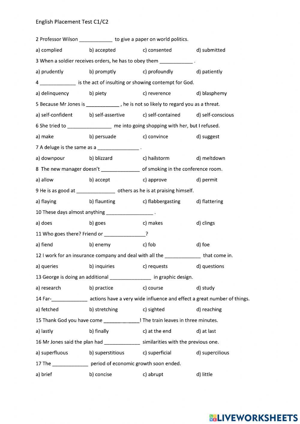CAE - CPE PLACEMENT TEST - LEVEL TEST online exercise for | Live Worksheets