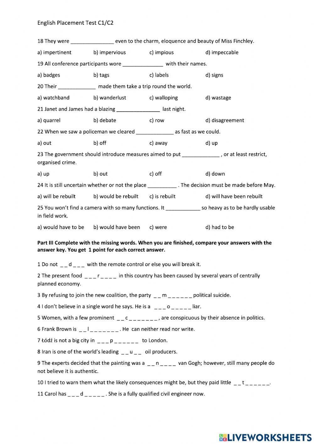 CAE - CPE PLACEMENT TEST - LEVEL TEST online exercise for | Live Worksheets