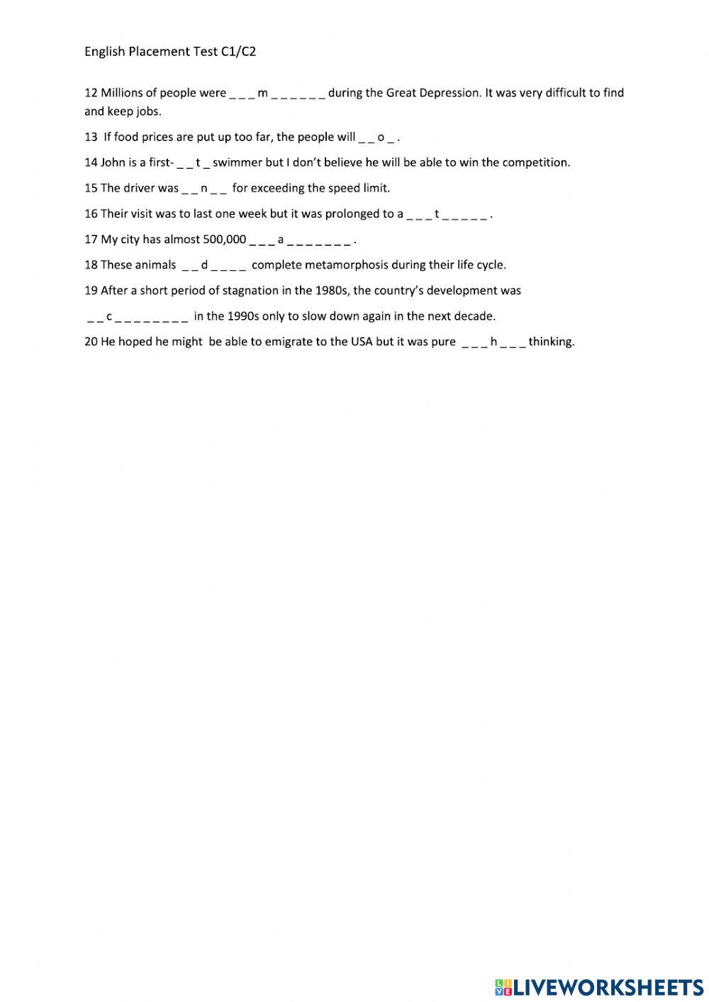 CAE - CPE PLACEMENT TEST - LEVEL TEST online exercise for | Live Worksheets