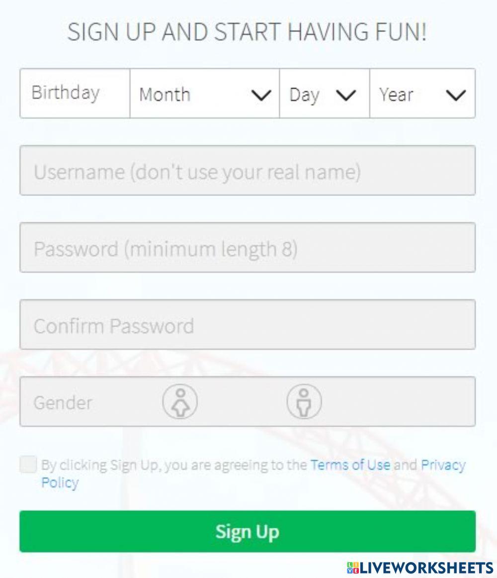 Sign In - Roblox. worksheet | Live Worksheets