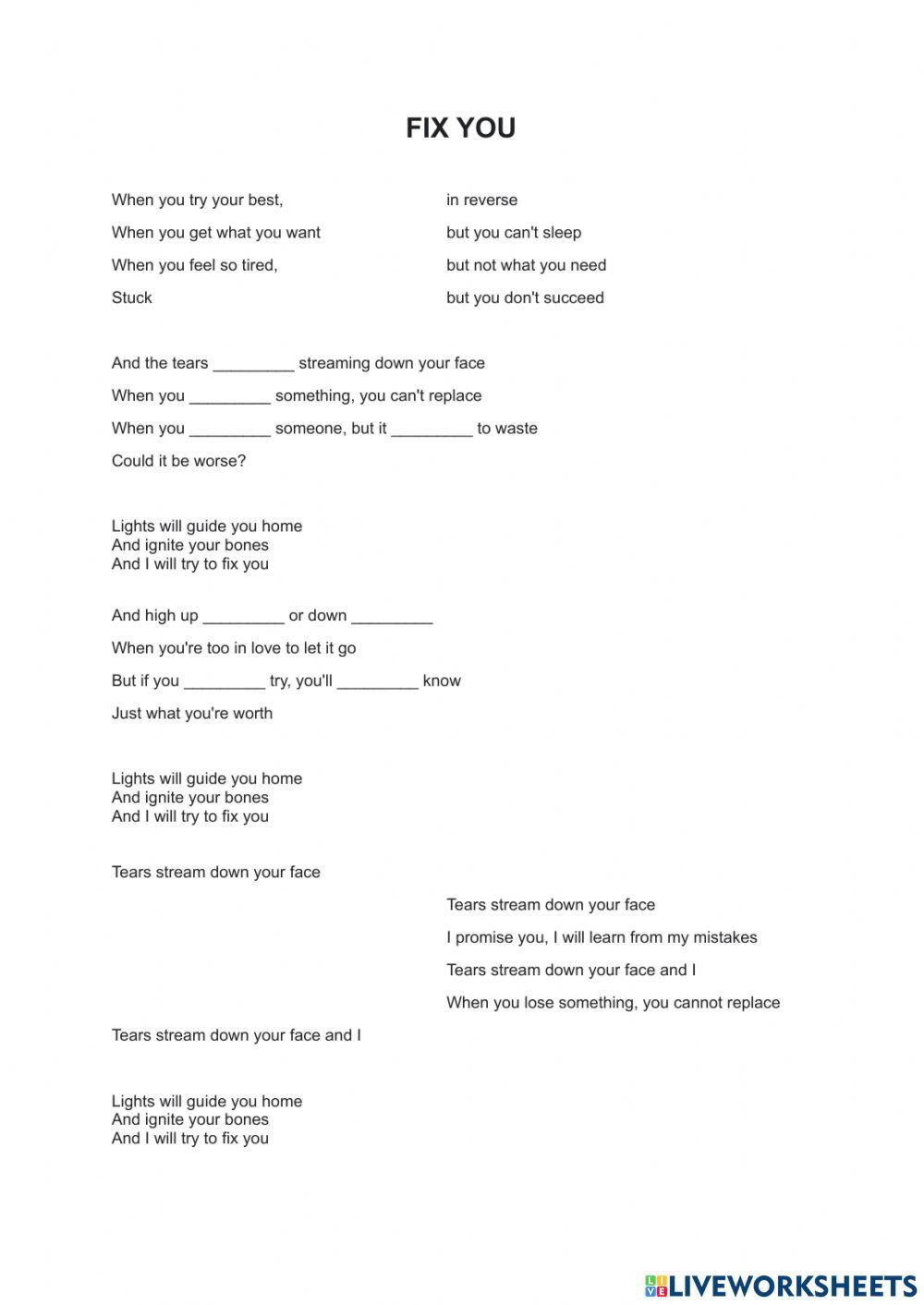 FIX YOU elementary - ADULTS 1 worksheet | Live Worksheets