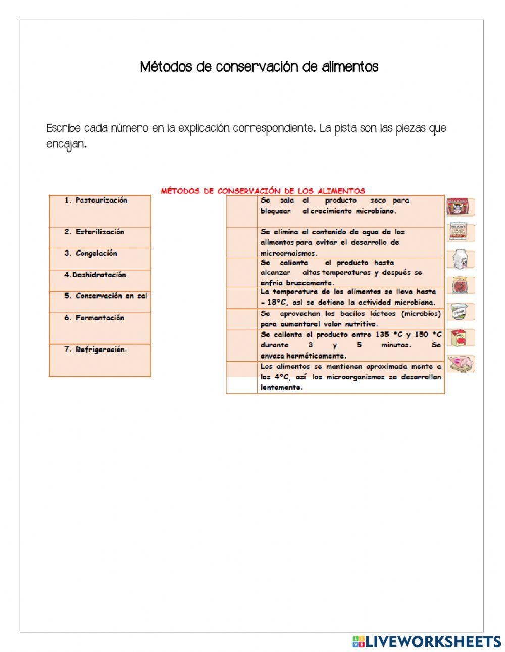 Métodos de conservación de los alimentos online exercise for | Live Worksheets