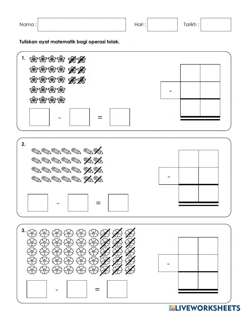 Matematik Tahun 3 - Operasi Tolak worksheet | Live Worksheets