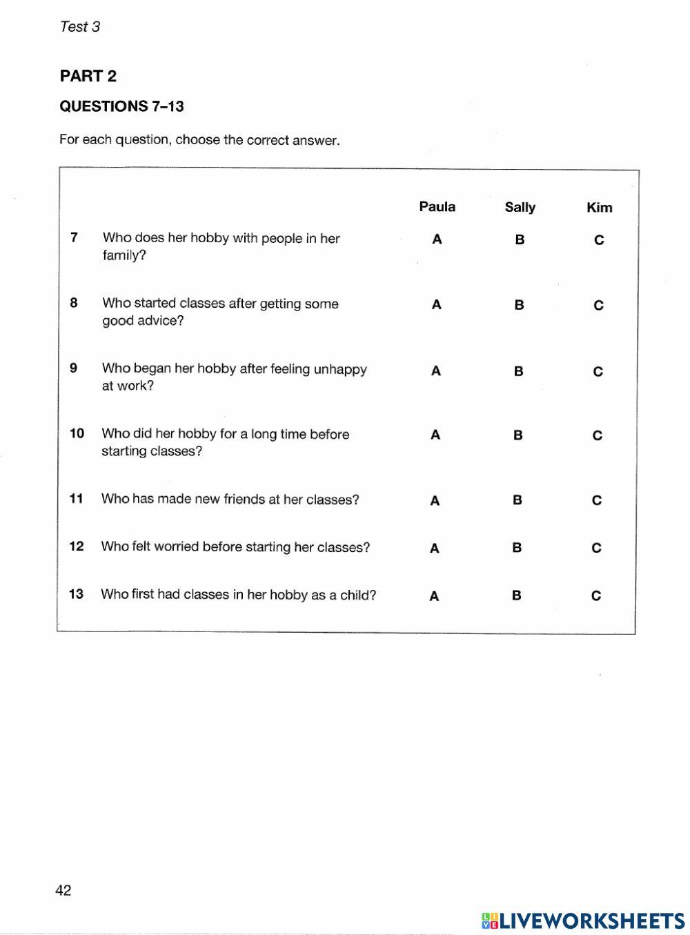 KET 1 - 2020 - Test 3 Reading - Writing online exercise for | Live ...