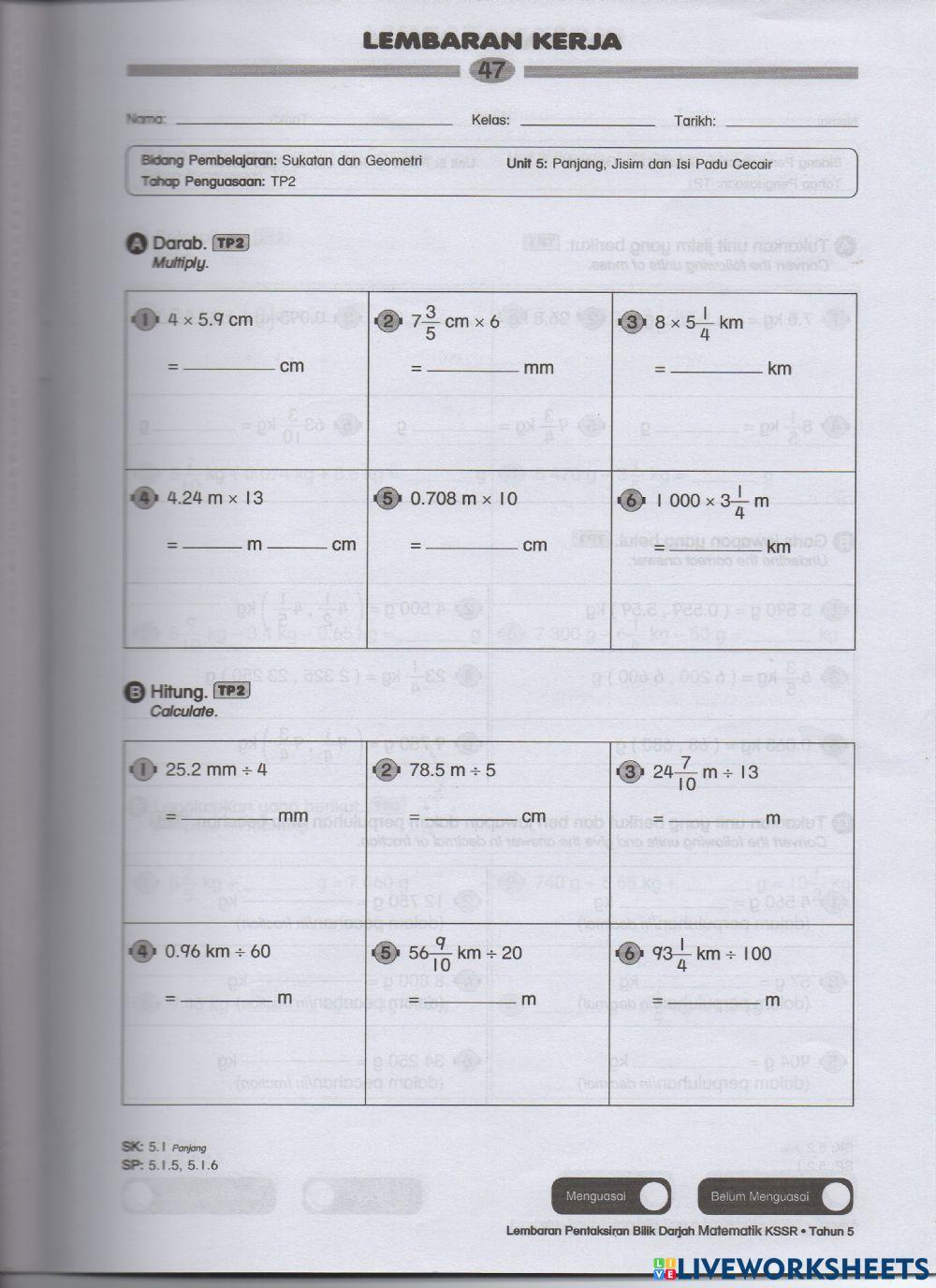 Darab unit panjang worksheet | Live Worksheets