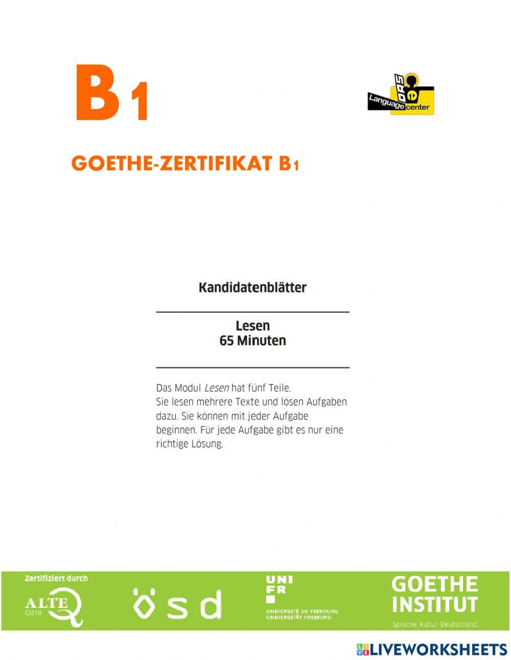 Goethe-zertifikat b1 - lesen online exercise for | Live Worksheets