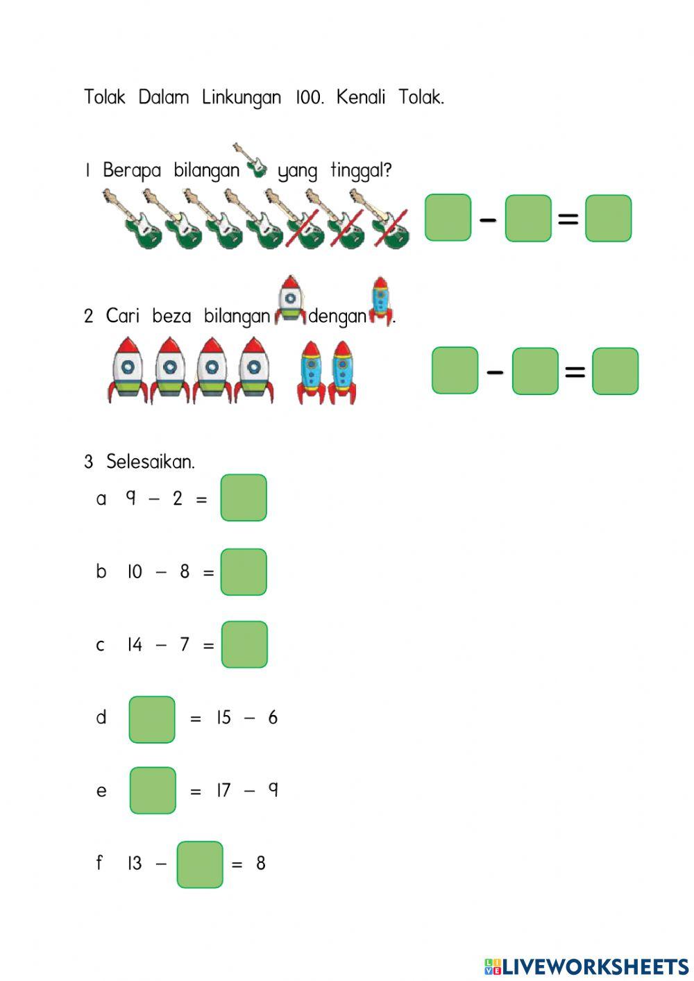 Operasi Asas : Tolak worksheet | Live Worksheets