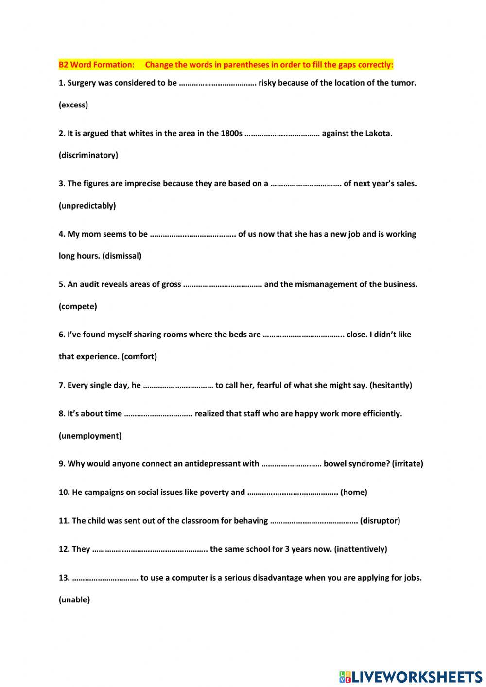 B2 Word Formation 1133140 | mayumeche | Live Worksheets