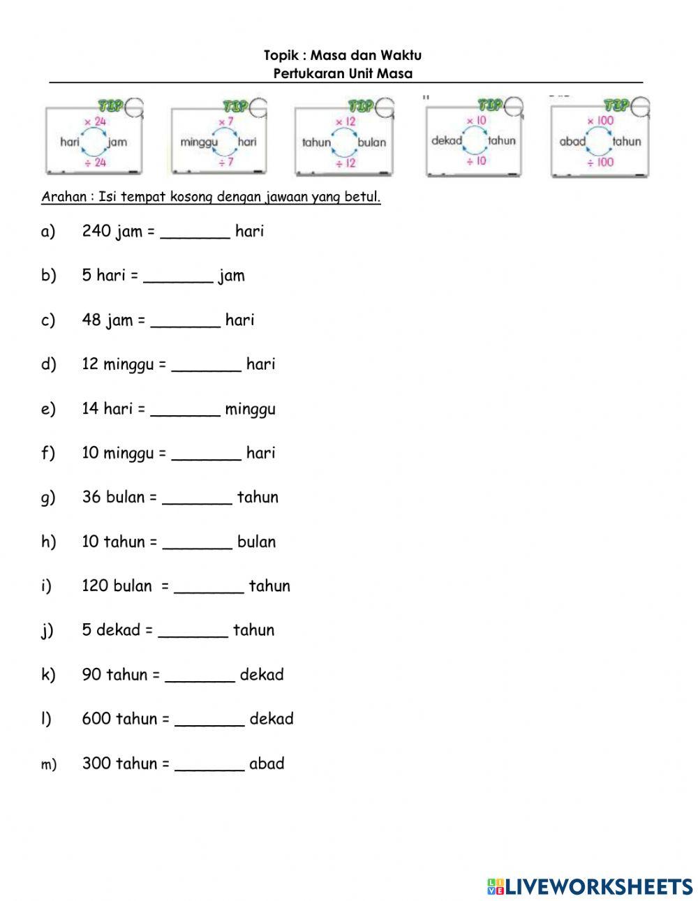 Penukaran Unit Masa worksheet | Live Worksheets