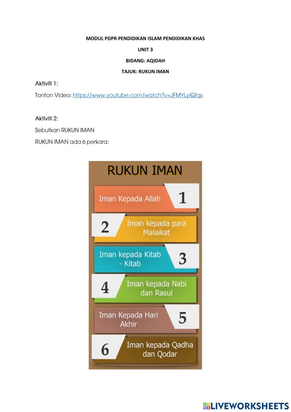 Unit 3 Akidah Rukun Iman worksheet | Live Worksheets