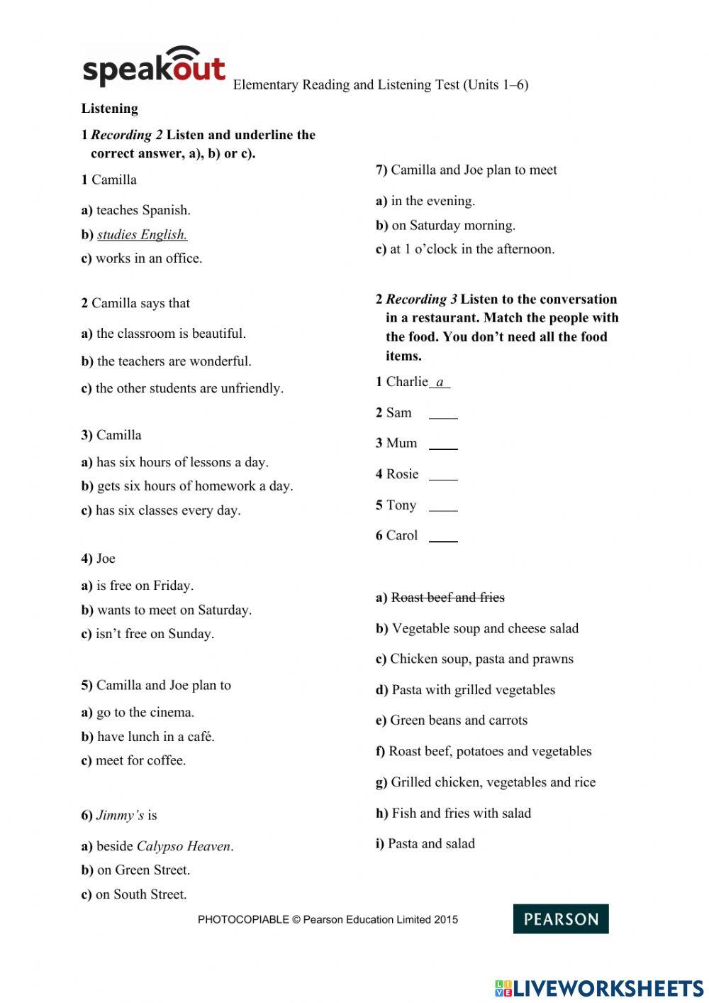 Elementary A3 - Reading and Listening Test online exercise for | Live ...