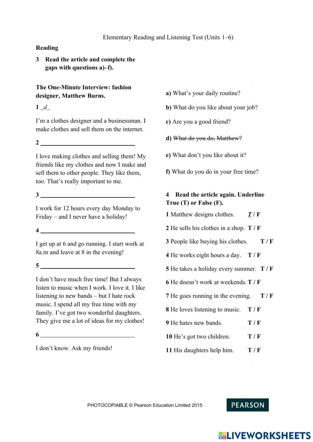 Elementary A3 - Reading and Listening Test online exercise for | Live ...