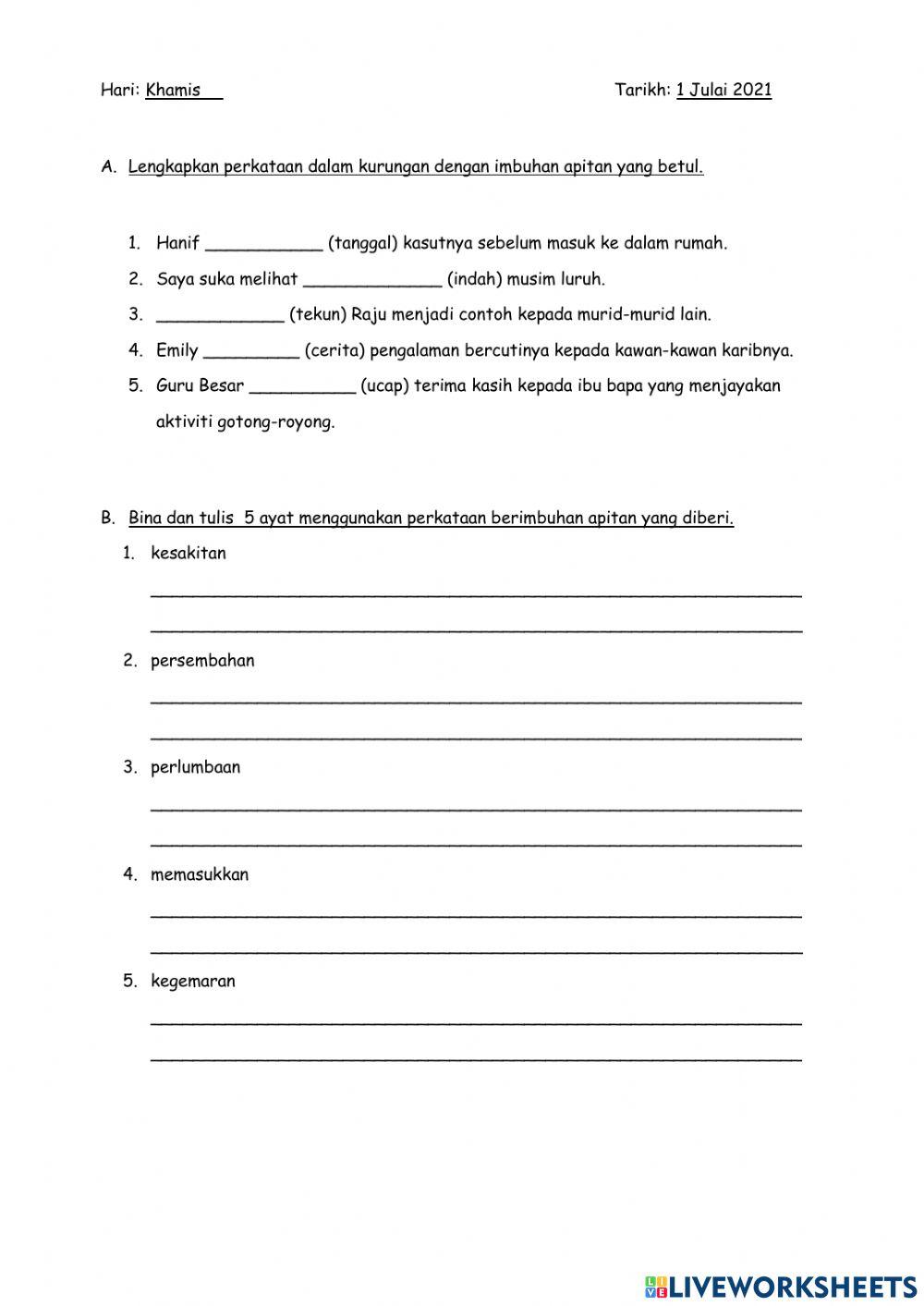 Imbuhan apitan interactive exercise for Tahun 5 | Live Worksheets