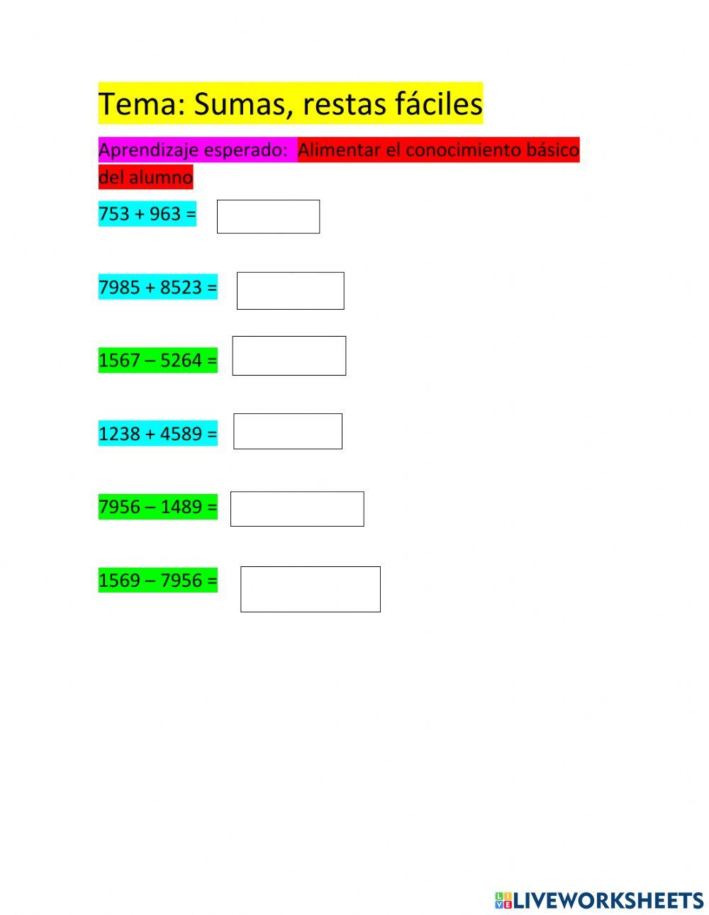 Sumas y restas fáciles worksheet | Live Worksheets
