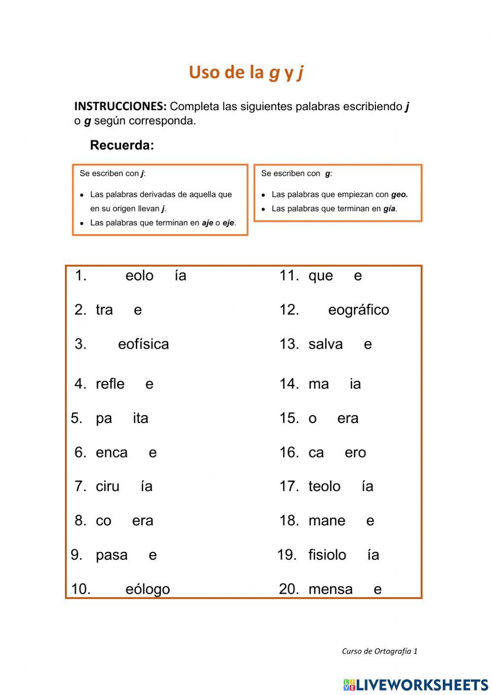 Uso de la g y j | Free Interactive Worksheets | 3141558
