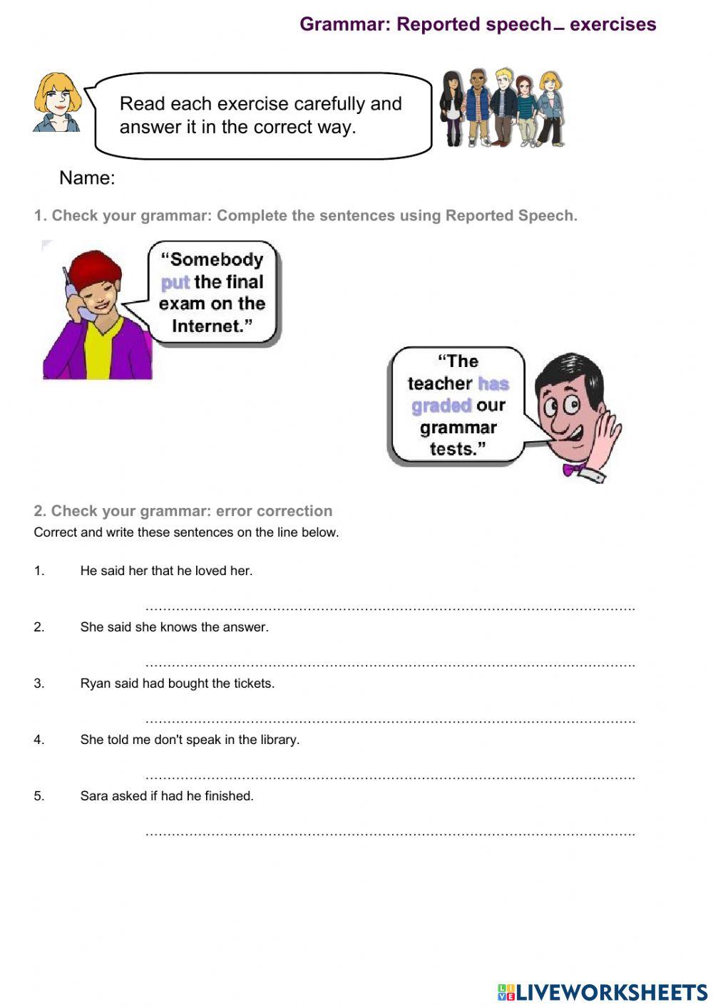 Reported Speech online exercise for 12th | Live Worksheets