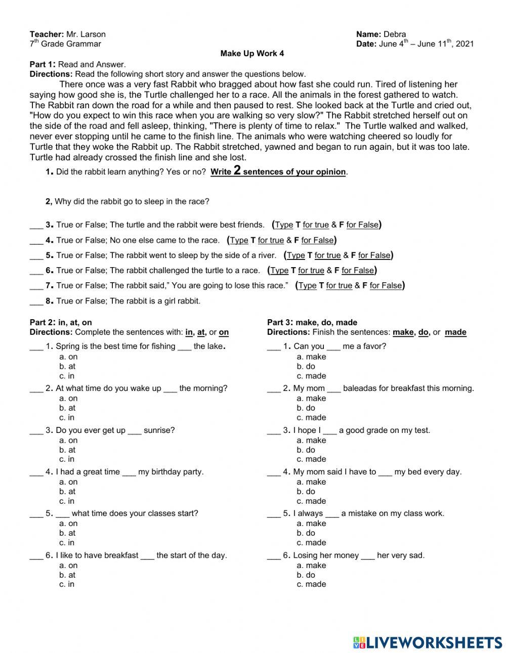 Make Up Work 5 1060759 | leelarson1 | Live Worksheets