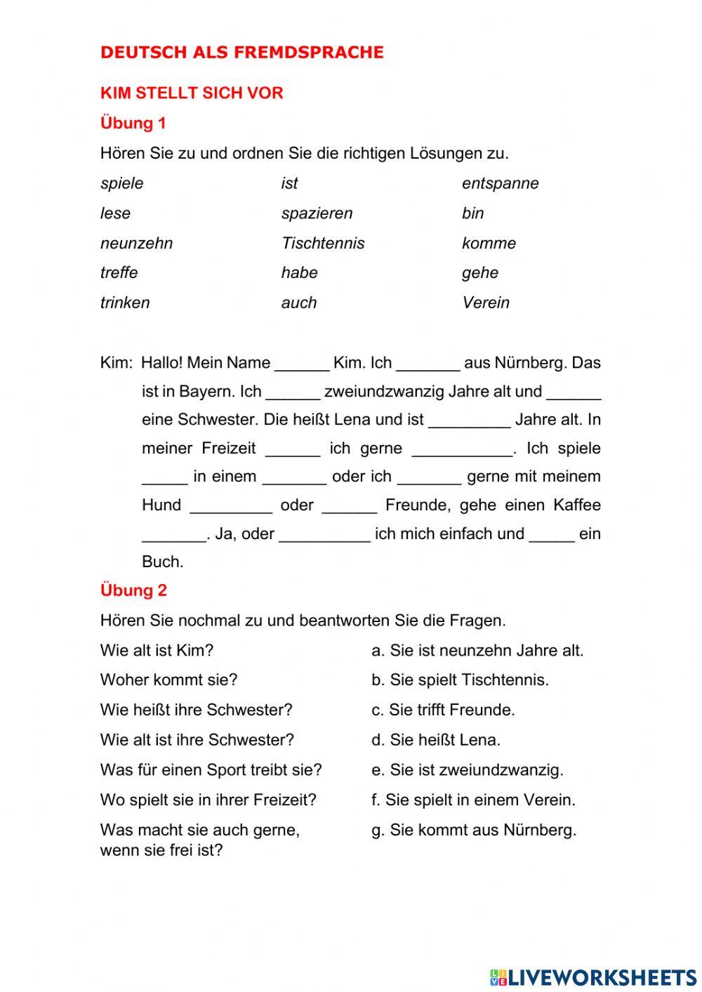 Kim stellt sich… | Free Interactive Worksheets | 1061268