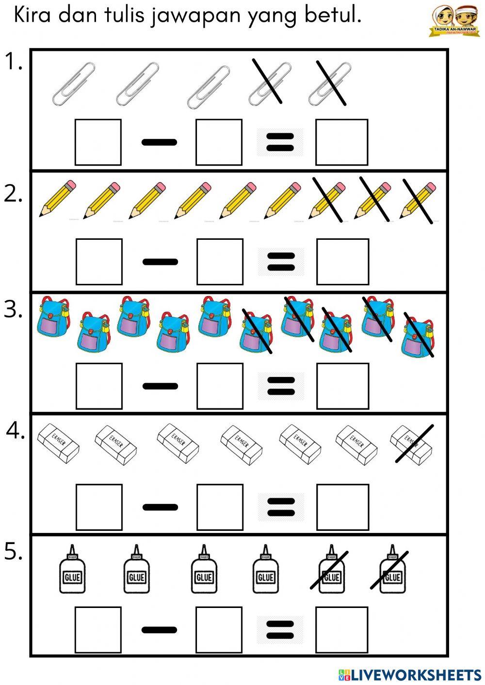 Math : Tolak 1-… | Free Interactive Worksheets | 1062658