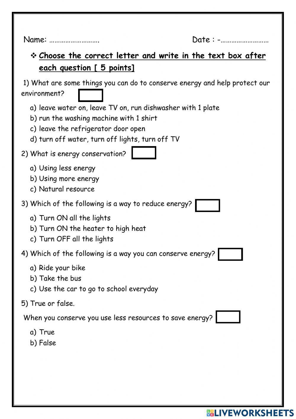 Energy Conserva… | Free Interactive Worksheets | 1062791