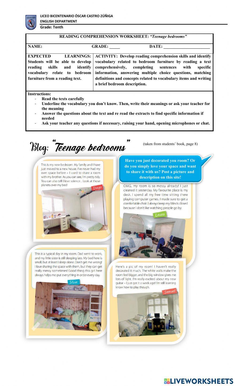 Reading Comprehension: Teenage Bedrooms worksheet | Live Worksheets