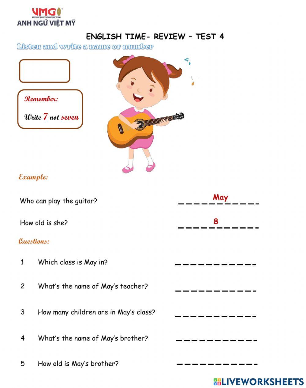 ENGLISH TIME 1 - REVIEW - TEST 4 online exercise for | Live Worksheets