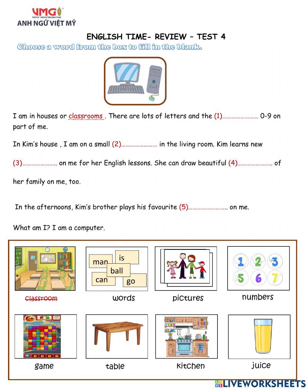 ENGLISH TIME 1 - REVIEW - TEST 4 online exercise for | Live Worksheets