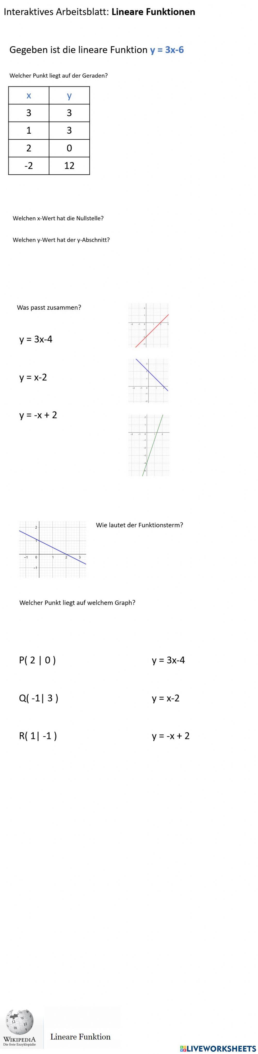 Lineare Funktionen interactive worksheet | Live Worksheets
