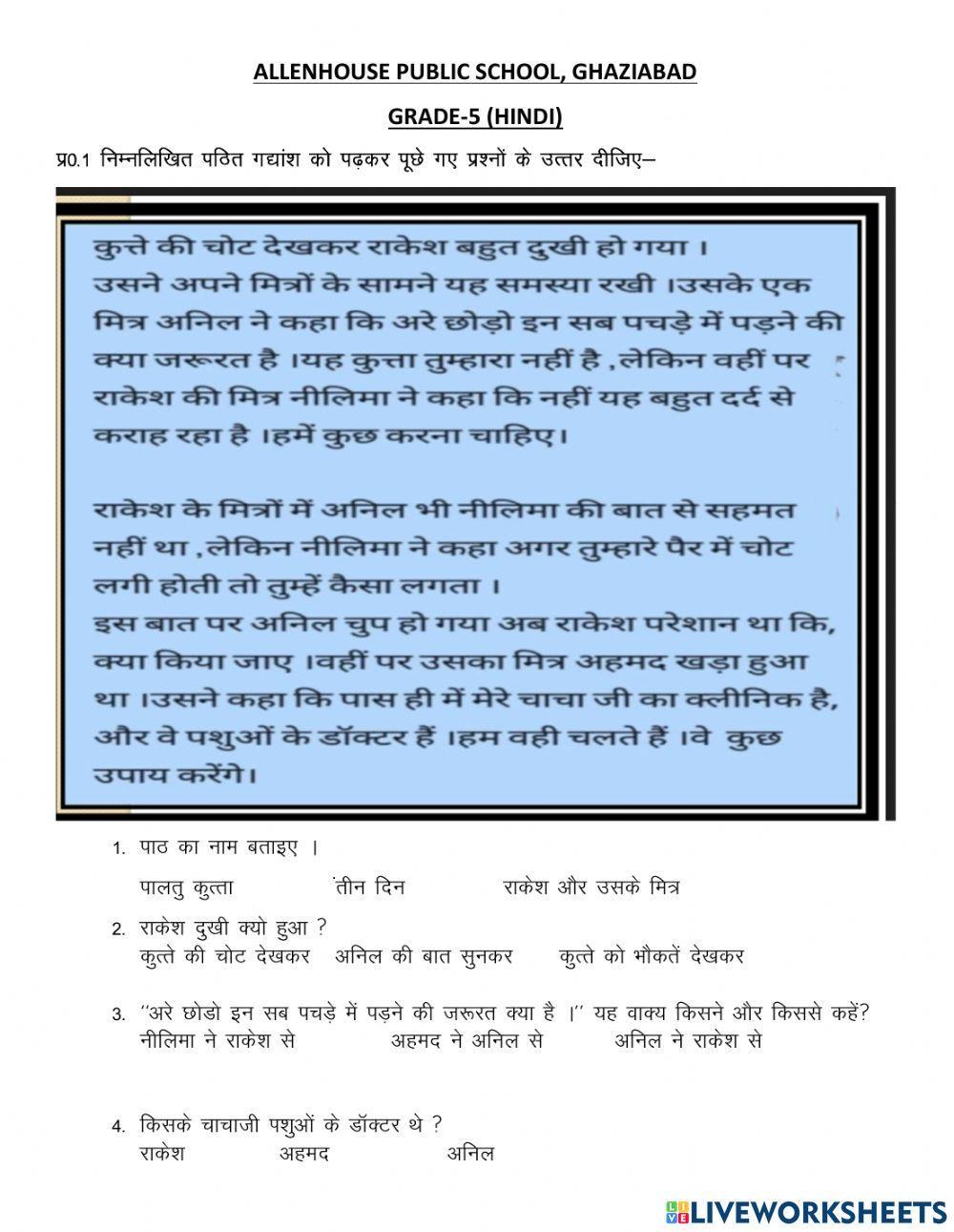 Hindi Comprehension Worksheets For Grade 5