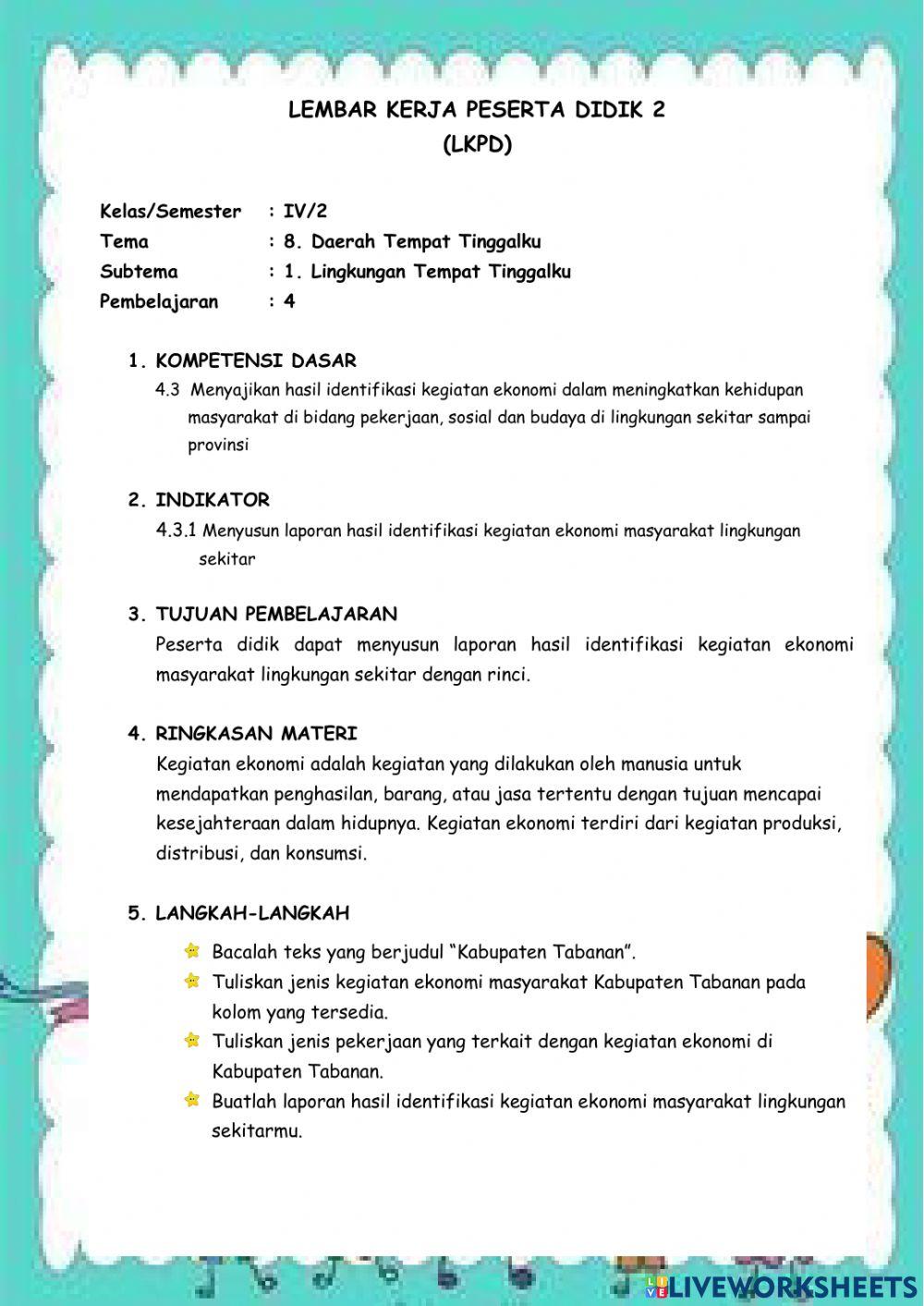 LKPD Kelas IV Tema 8 Subtema 1 Pembelajaran 4 worksheet | Live Worksheets