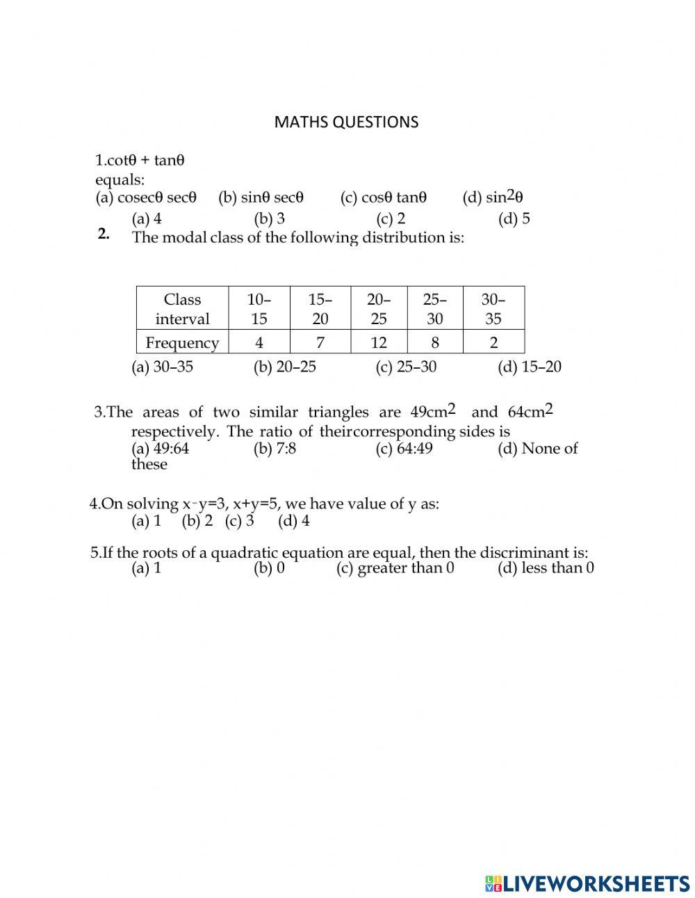 LGB's Maths quizz worksheet | Live Worksheets