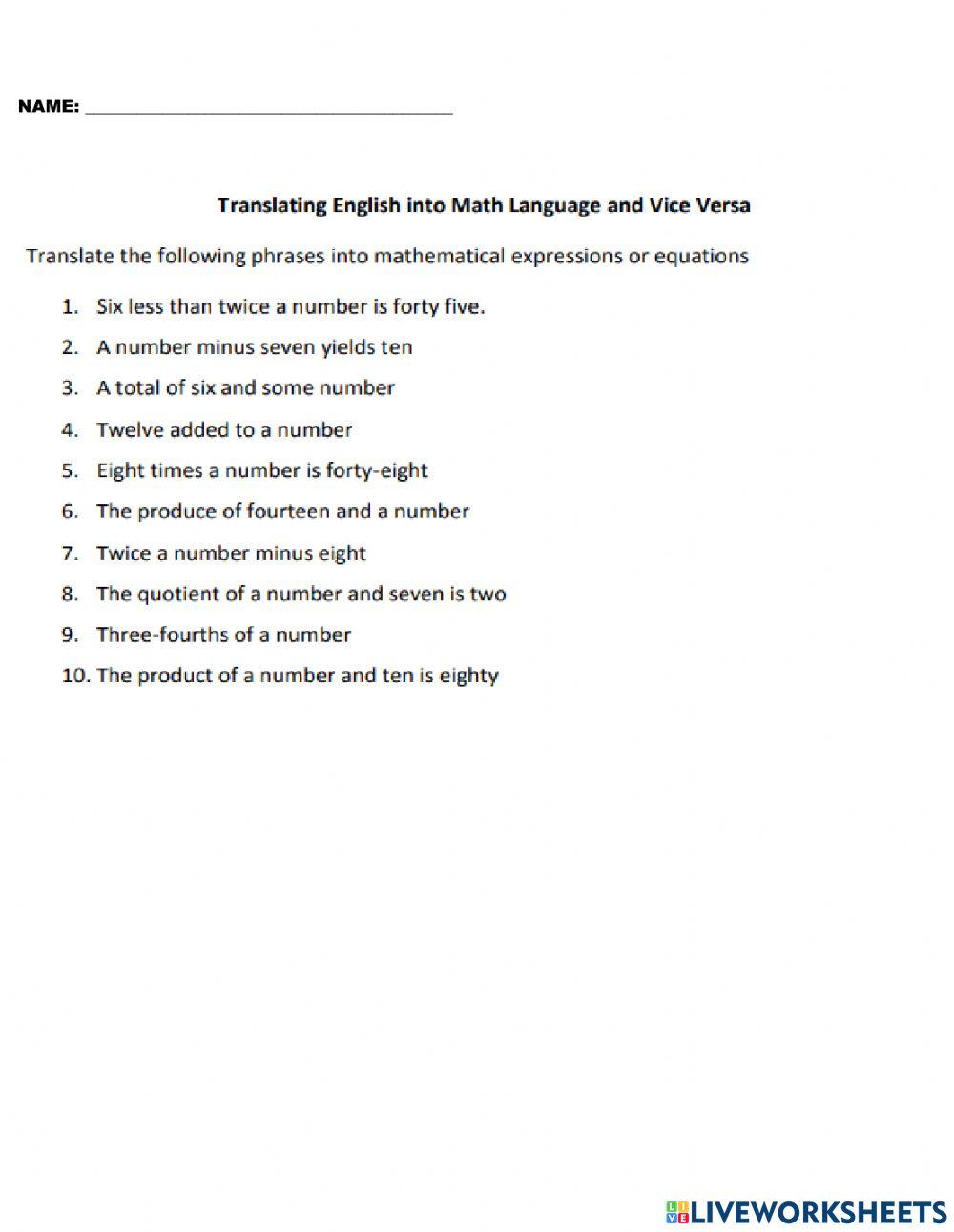 Translating English Phrase to Mathematical Expression-Equation online ...