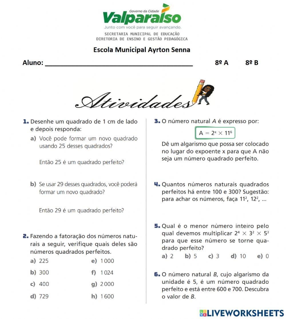 Números quadrados perfeitos interactive worksheet | Live Worksheets