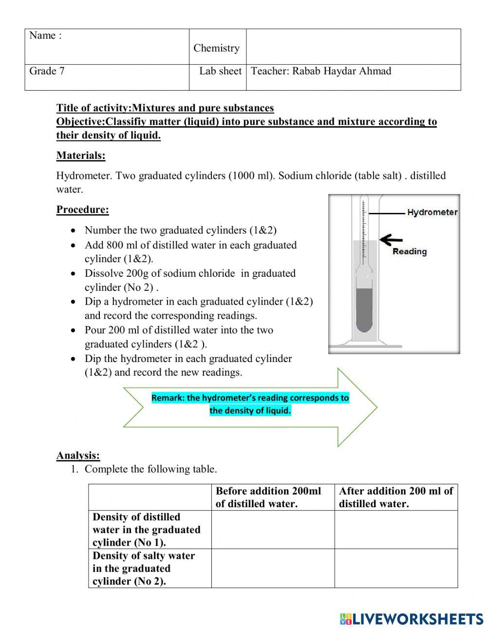 density worksheet grade 7