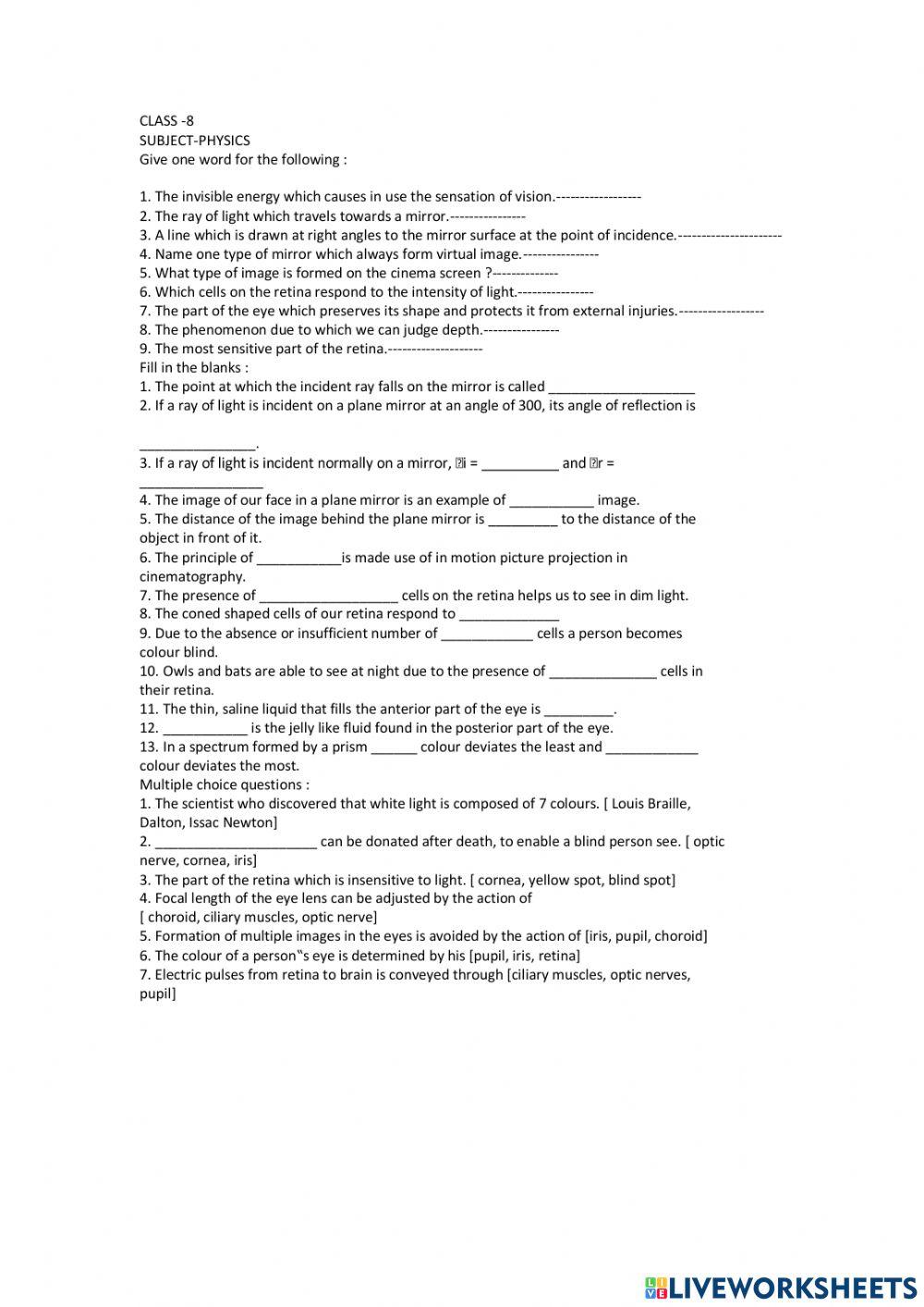 class 8 worksheet,light 3071088 | MAMTAKUMARI12 | Live