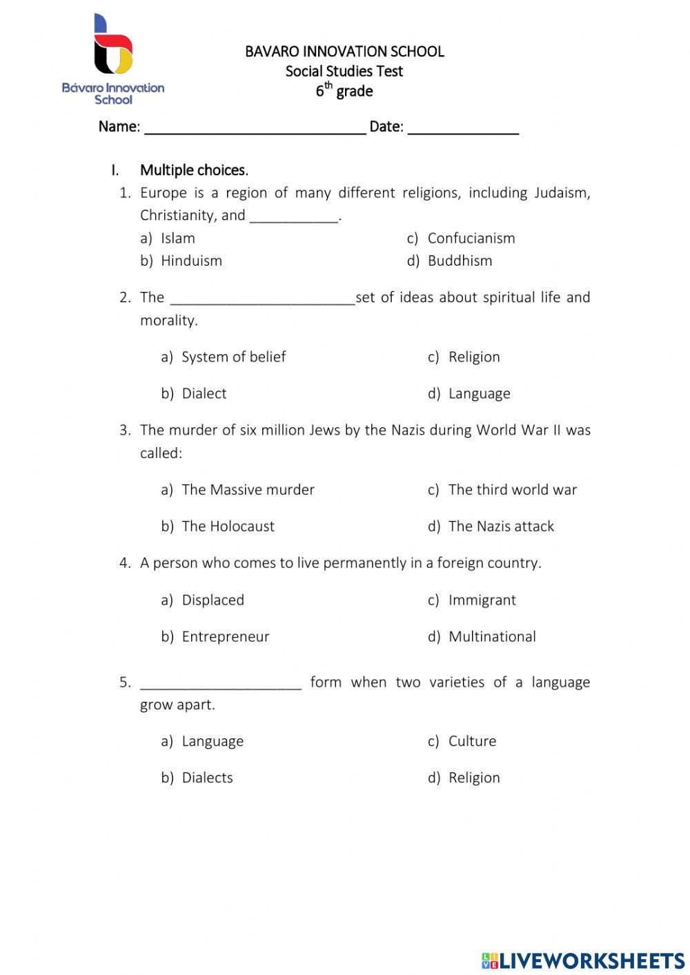 SS Final test 6th grade worksheet | Live Worksheets