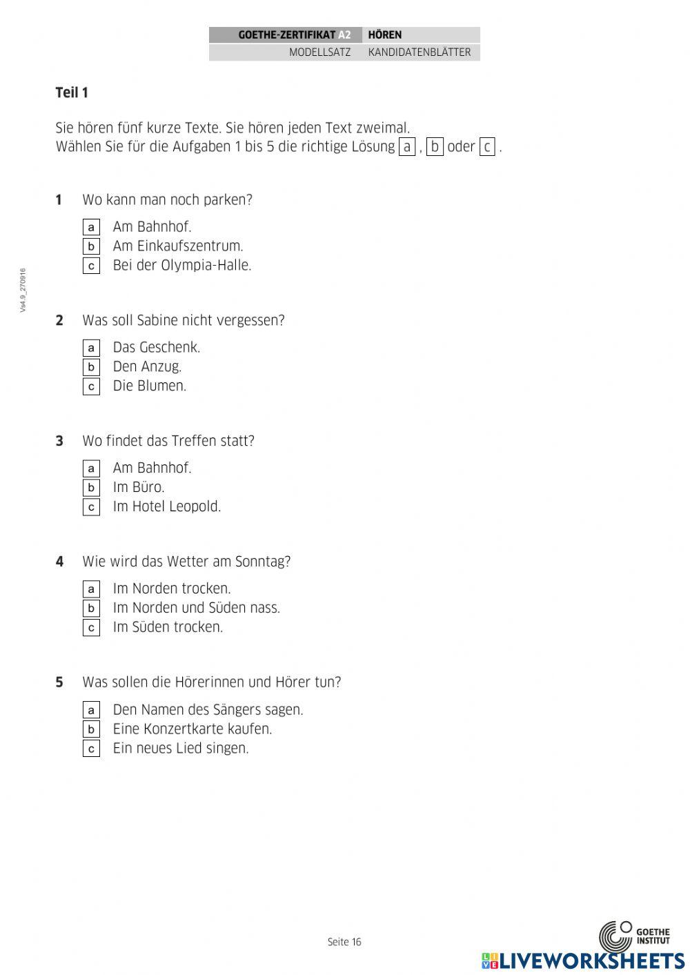A2 Hören | Free Interactive Worksheets | 5048487