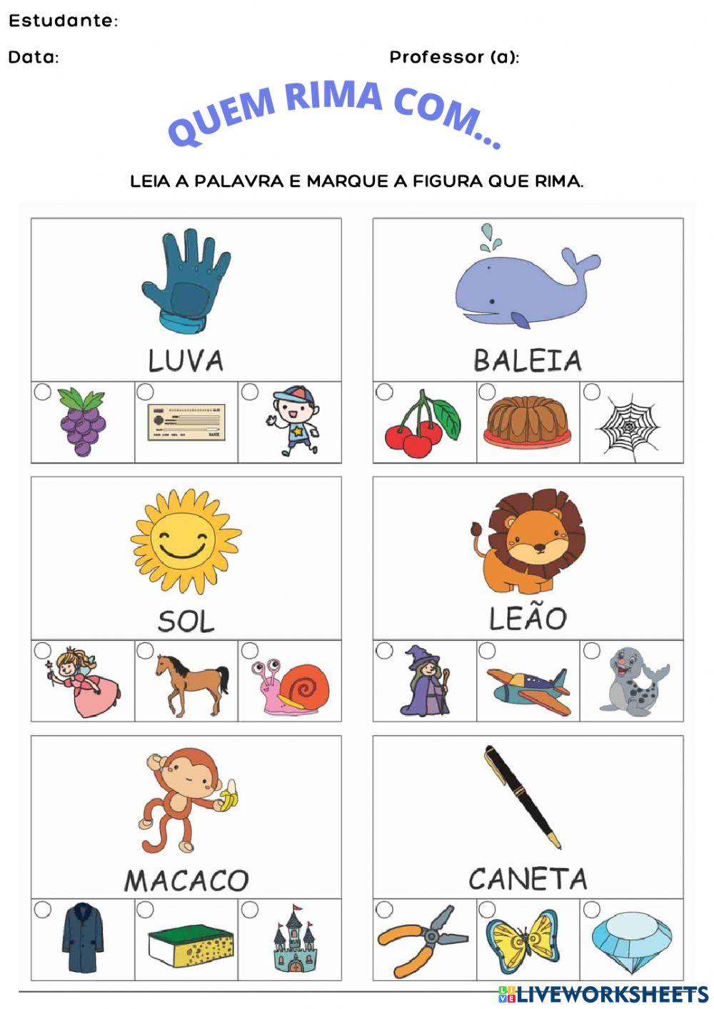 Rima de palavras2 worksheet | Live Worksheets