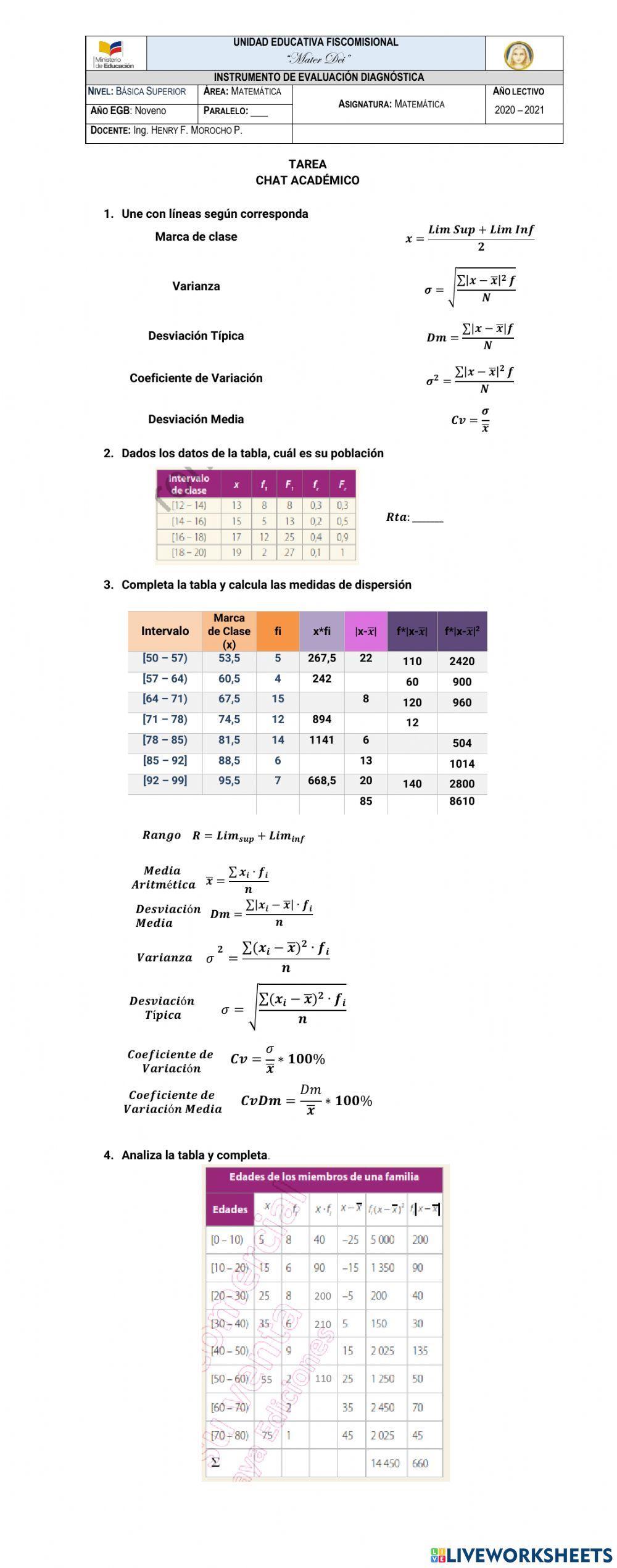 Medidas de Dispersión online activity | Live Worksheets