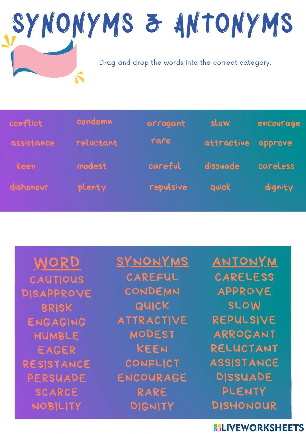 XII synonyms and antonyms worksheet | Live Worksheets