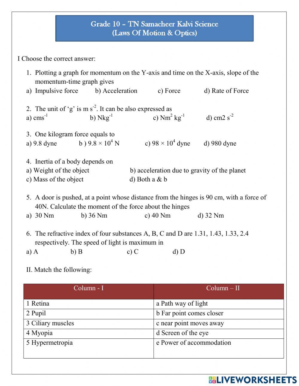 G10-LawsofmotionOptics worksheet | Live Worksheets