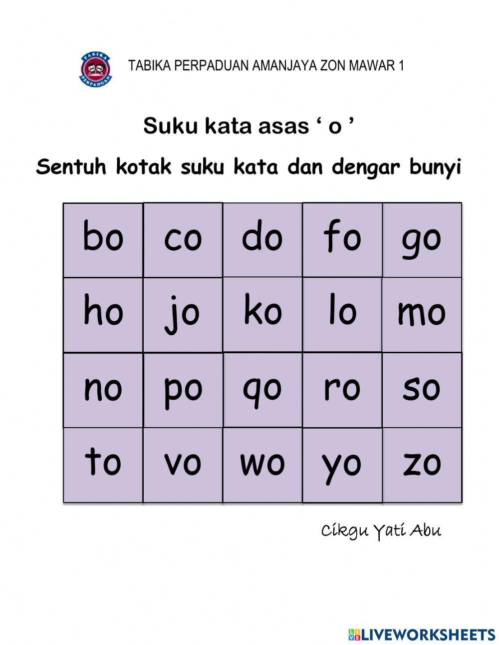 Suku kata asas kv 'o' worksheet | Live Worksheets